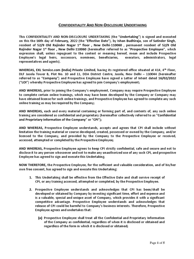 Prospective Employee-Undertaking | PDF | Breach Of Contract | Trade Secret