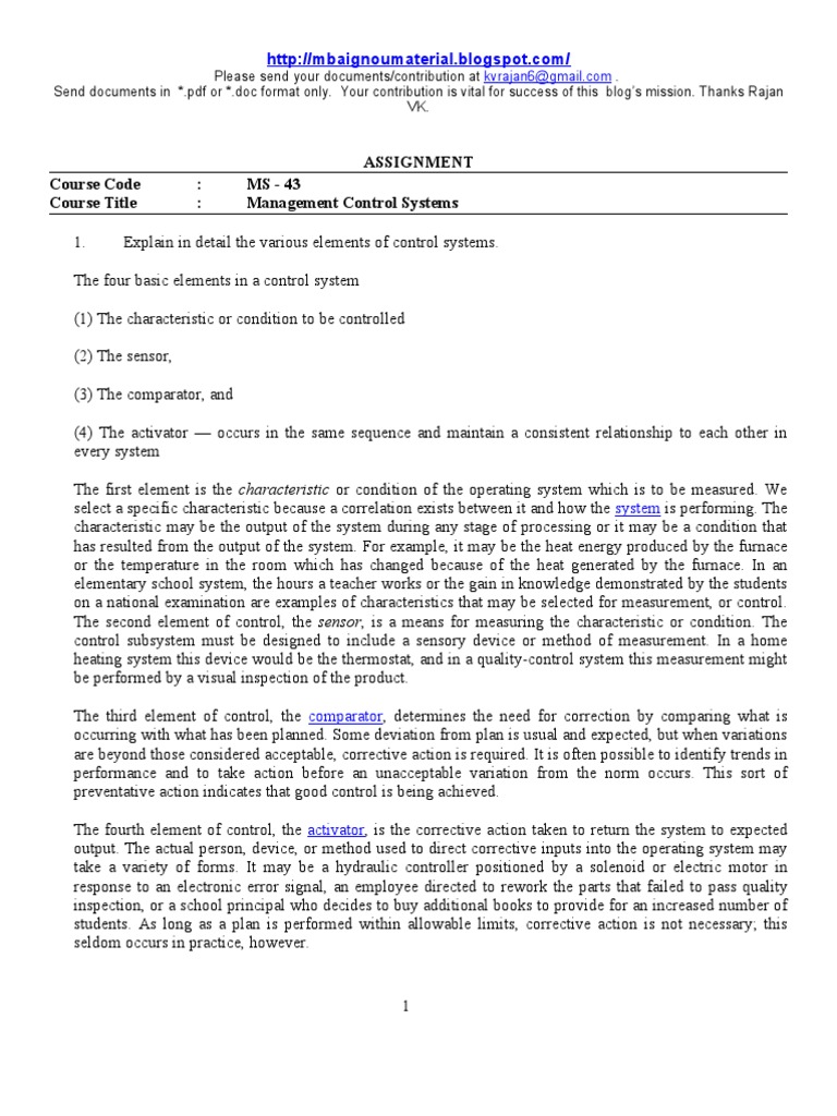 Assignment Course Code: MS - 43 Course Title: Management Control Systems | Download Free PDF ...