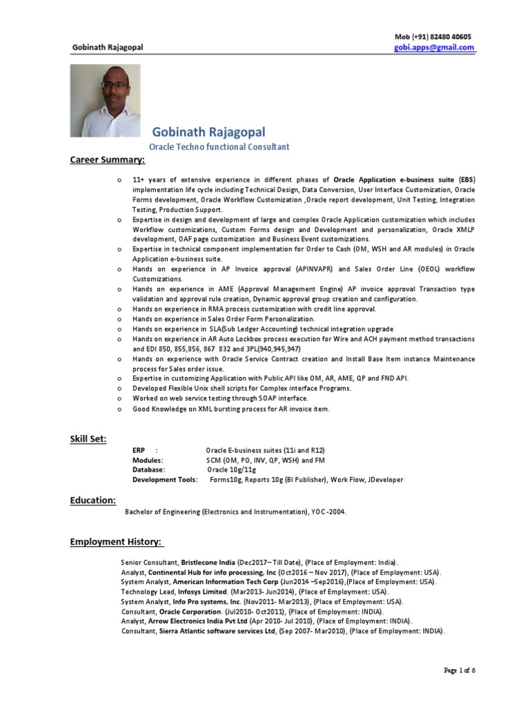 Resume-Oracle EBS Gobinath Rajagopal MAR2019 | PDF | Electronic Data Interchange | Oracle ...