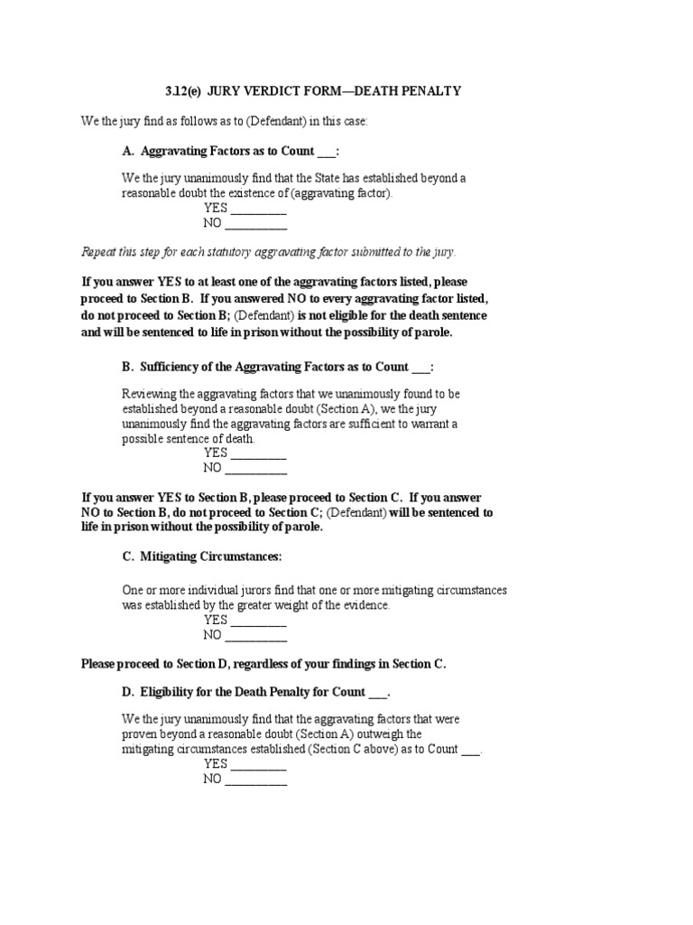Jury Verdict Form for Death Penalty | PDF | Mitigating Factor | Crime ...