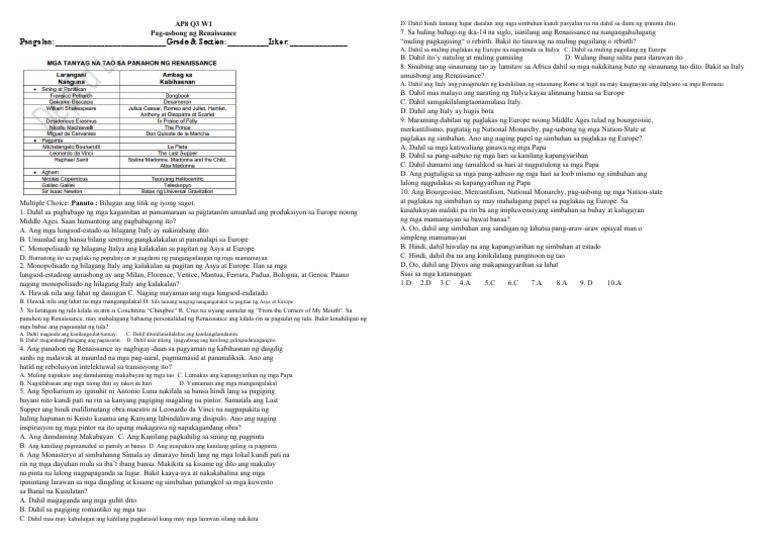 AP8 Q3 W1 Pag-Usbong NG Renaissance: Pangalan: - Grade & Section: - Iskor | PDF