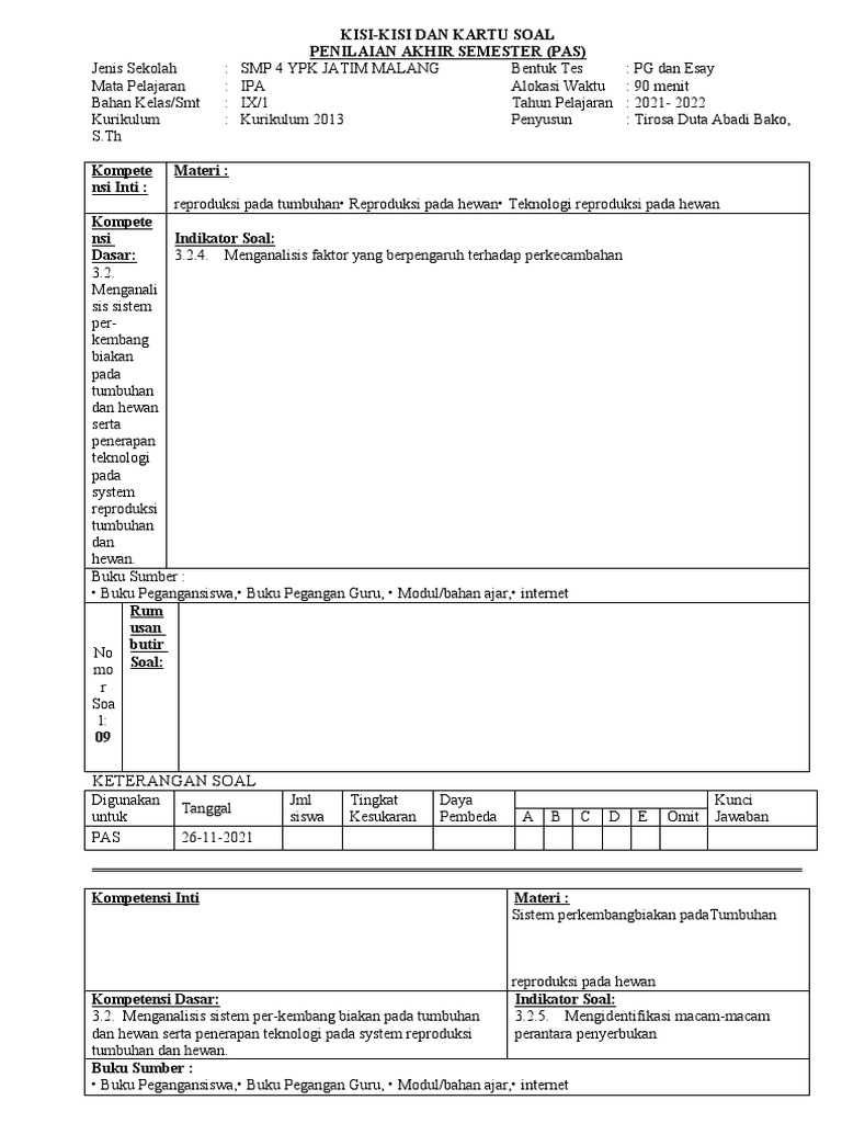 MASTER KARTU SOAL Kelas 9 | PDF