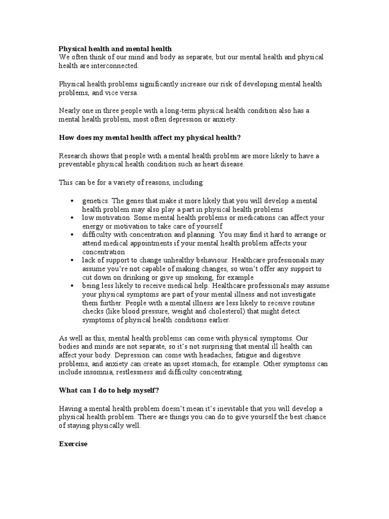 Physical Health and Mental Health | PDF | Mental Health | Mental Disorder