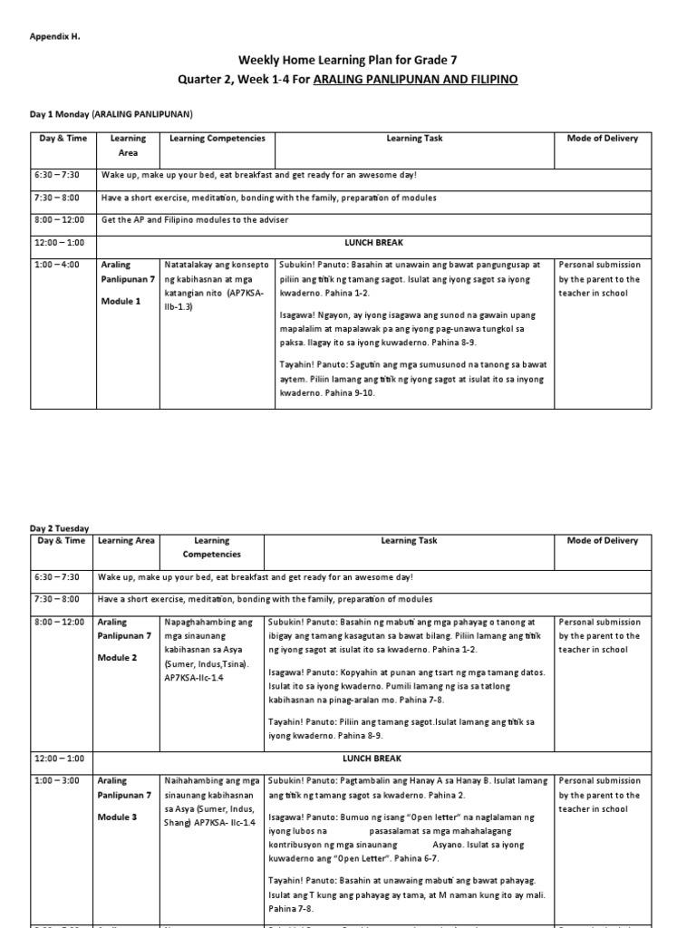 Weekly Home Learning Plan in AP 7 and FIL 7 2nd Quarter | PDF