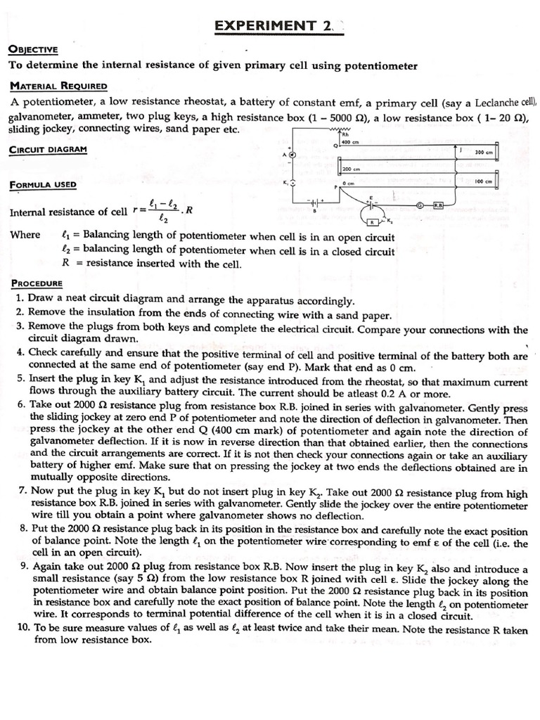 Experiment Internal Resistance of The Cell Using Potentiometer | PDF