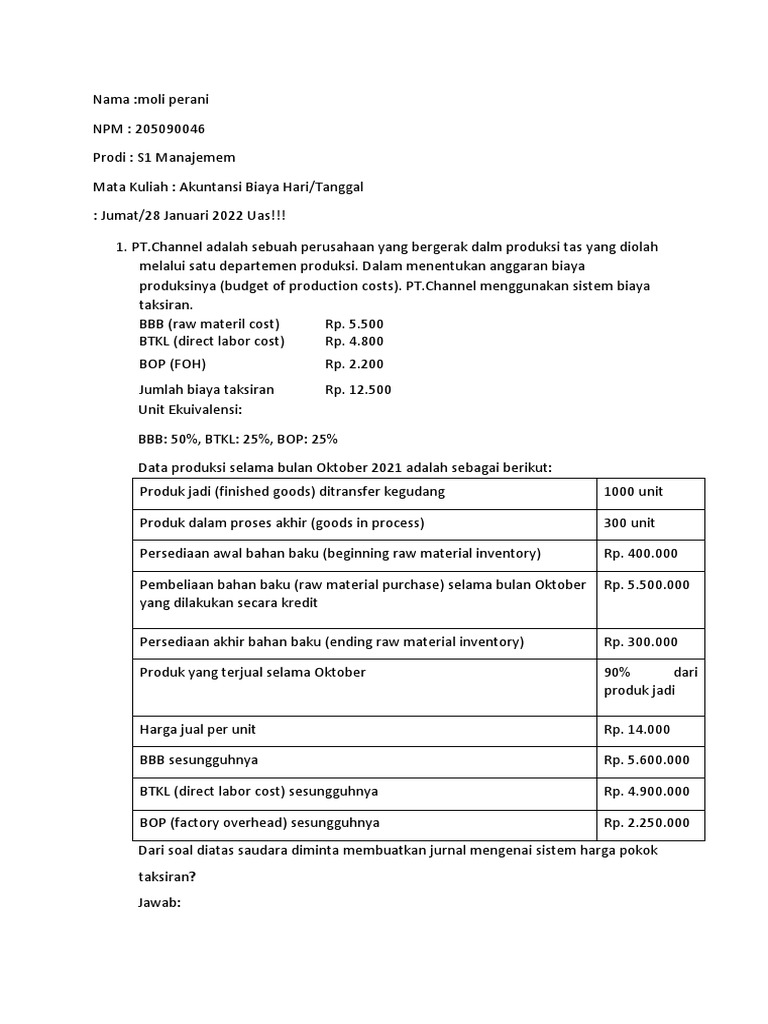 UAS Akuntansi Biaya | PDF
