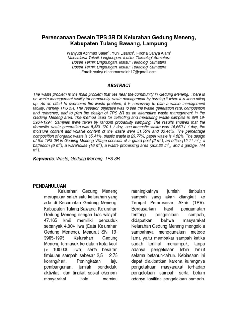 Perencanaan Desain TPS 3R Di Kelurahan Gedung Meneng | PDF