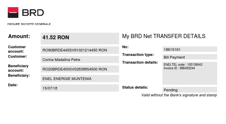 Amount: 41.52 RON: My BRD Net Transfer Details | PDF