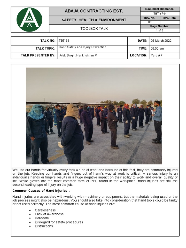 Hand Safety and Injury Prevention TBT | PDF | Occupational Safety And ...