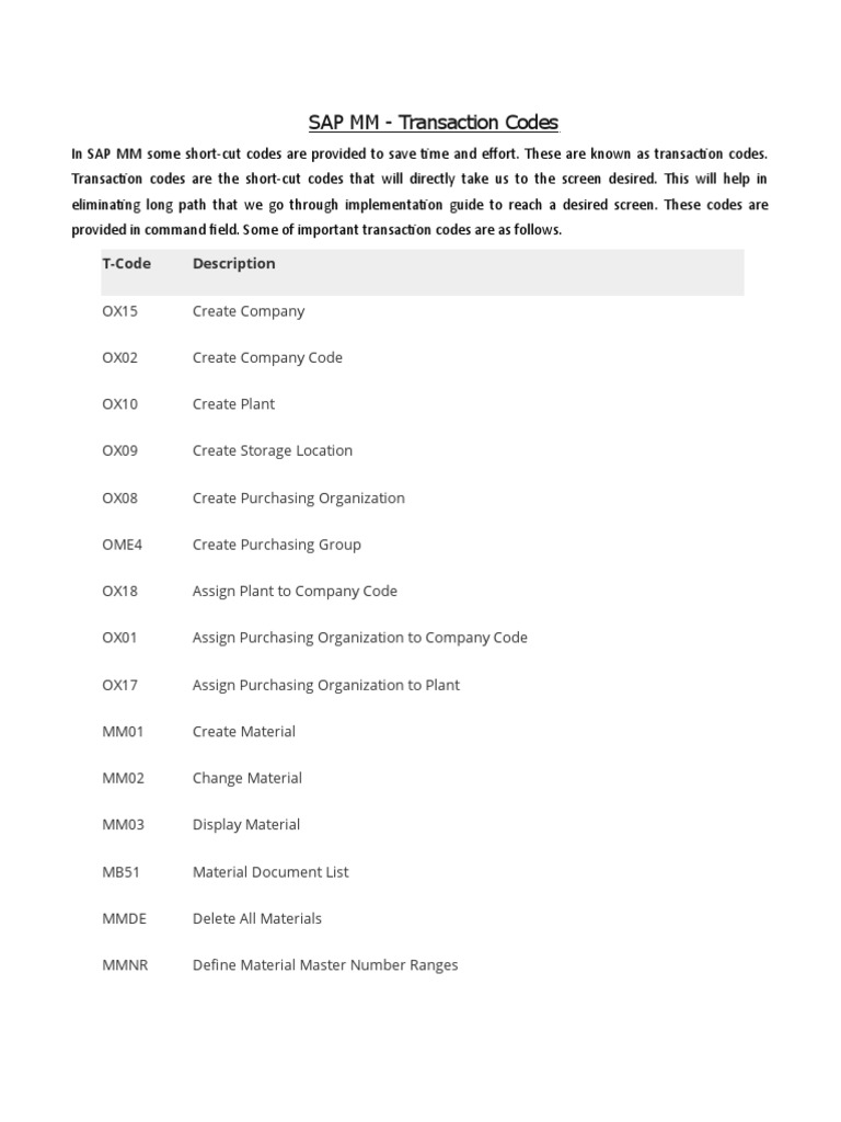 SAP MM - Transaction Codes: T-Code Description | PDF | Information Technology Management | Business