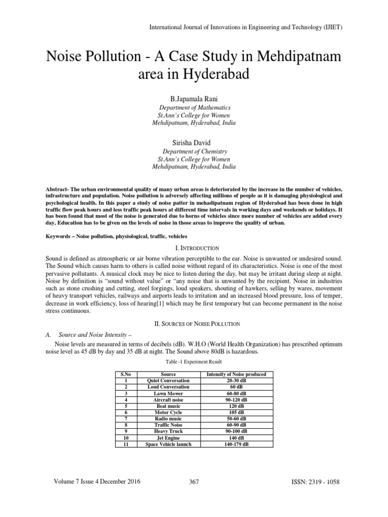 Noise Pollution - A Case Study in Mehdipatnam Area in Hyderabad | PDF ...