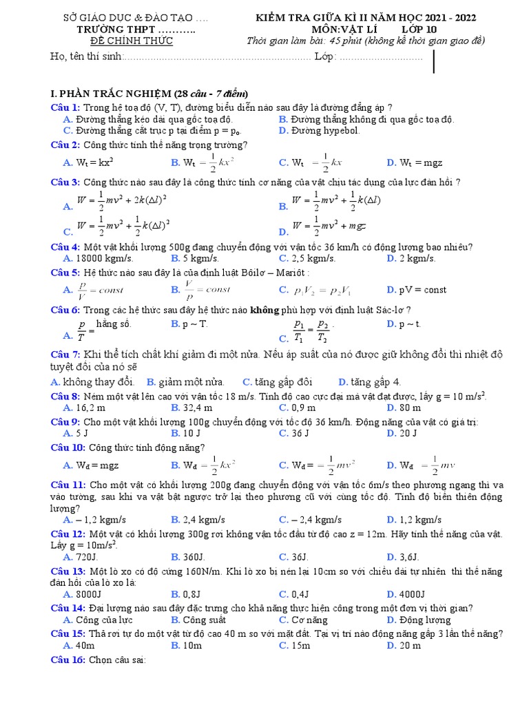 De Kiem Tra Giua Ki 2 Vat Li 10 de 2 | PDF