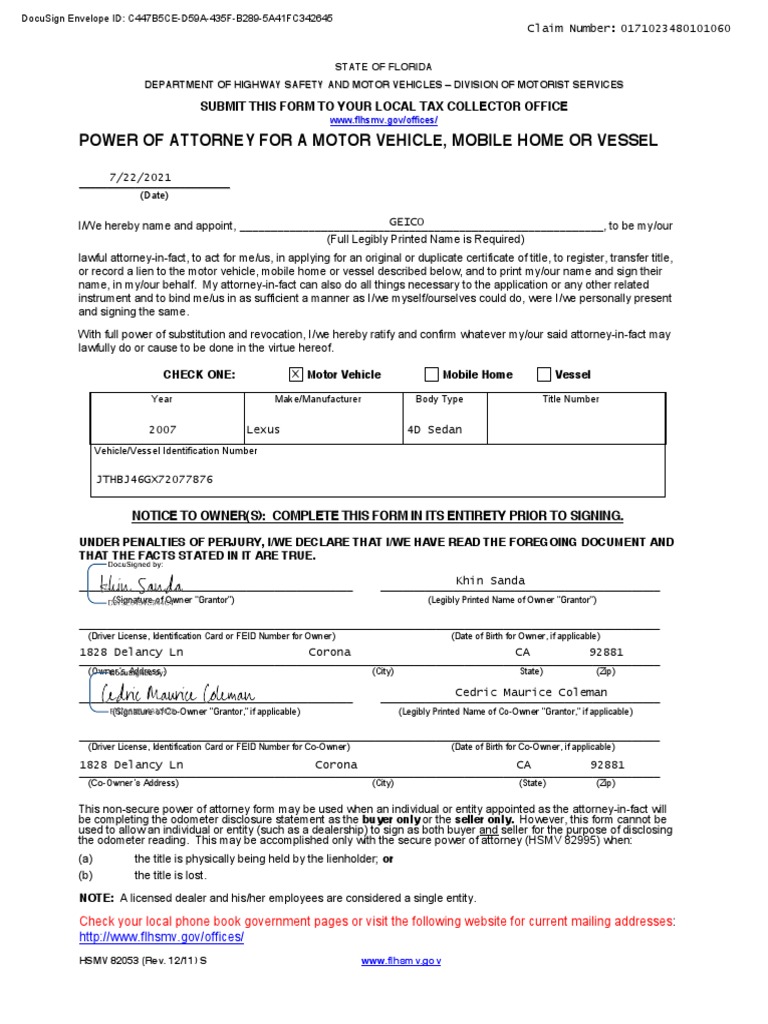 GEICO FL Total Loss Paperwork | PDF | Power Of Attorney | Identity Document