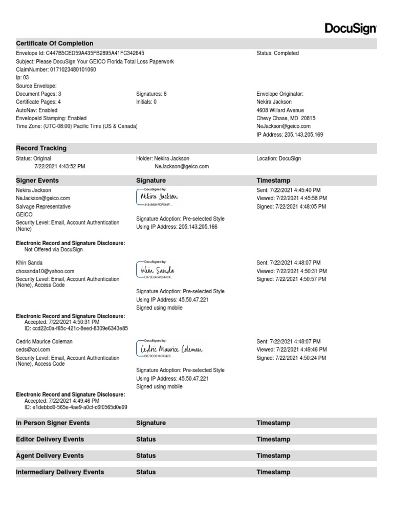 GEICO Florida Total Loss Paperwork Completion and E-Signature ...