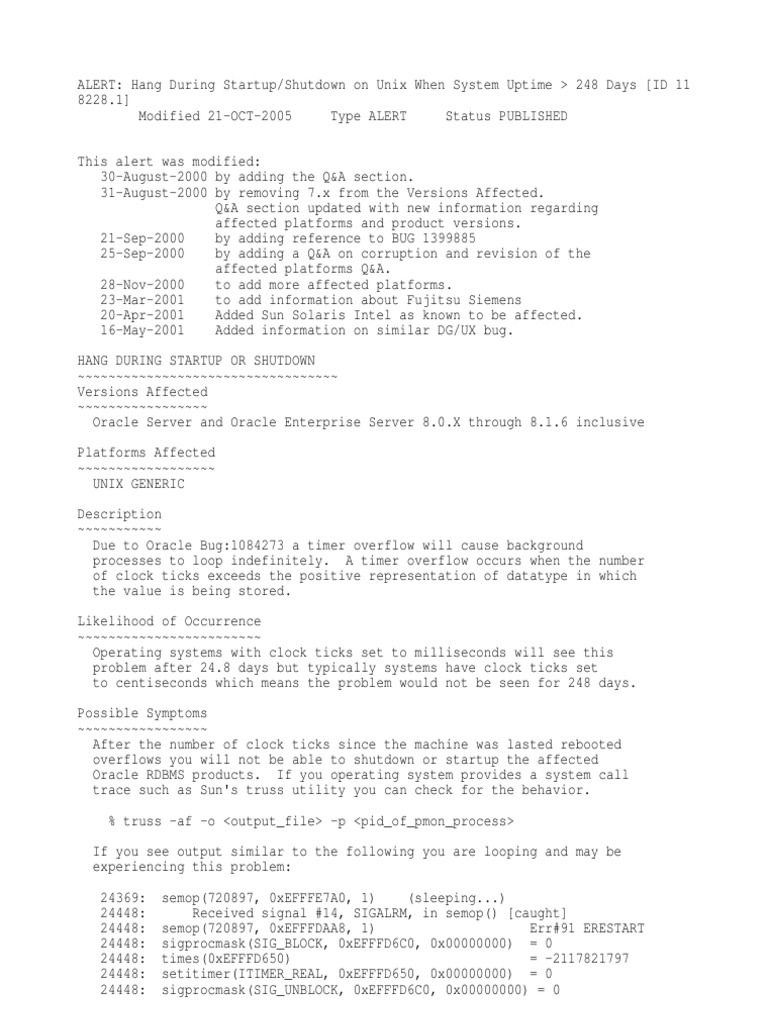 Unix Oracle Startup Hang Alert | PDF | Booting | Oracle Database