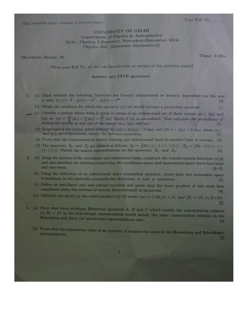 Quantum Mechanics I 2016 Question Paper DU MSC Physics | PDF