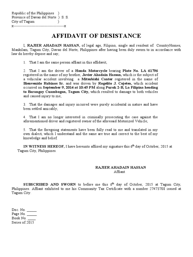 Affidavit of Desistance Sample | PDF