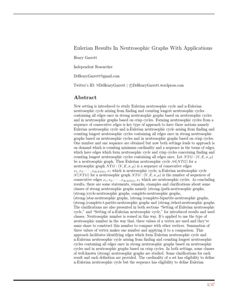 Eulerian Results in Neutrosophic Graphs With Applications | PDF | Vertex (Graph Theory) | Graph ...