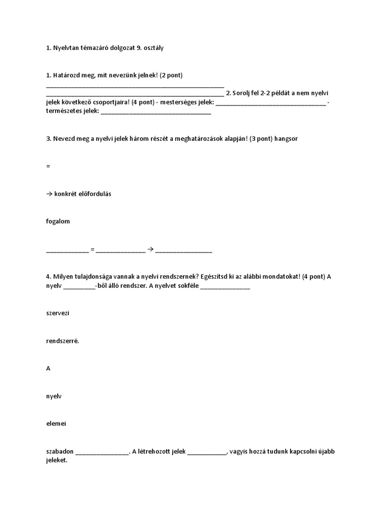 Nyelvtan 9. Osztály | PDF