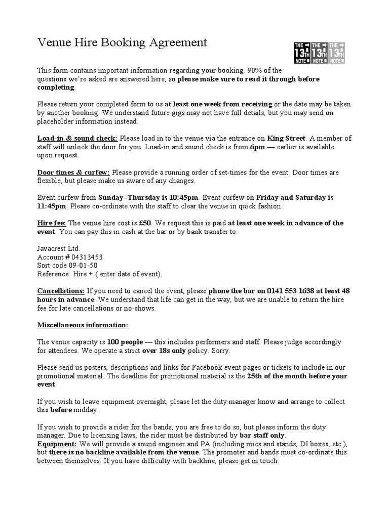 Venue Hire Booking Agreement Template | PDF