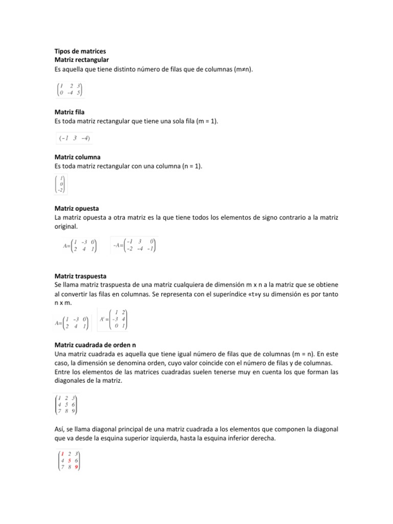 Tipos de matrices y sus características | PDF | Matriz (Matemáticas ...