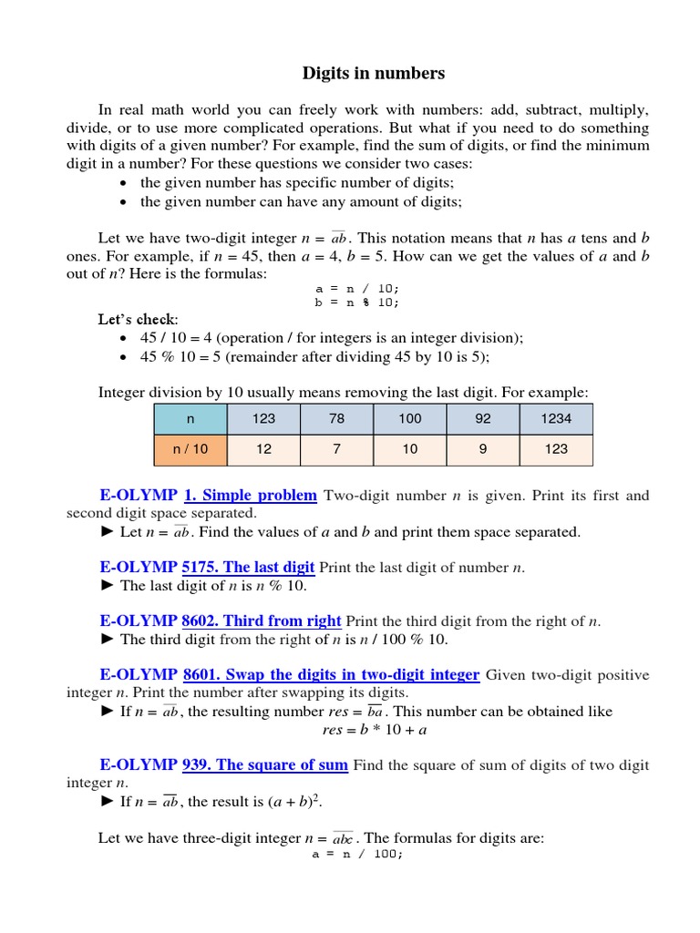 Digits in Numbers: E-OLYMP 1. Simple Problem | PDF | Numbers | Division (Mathematics)