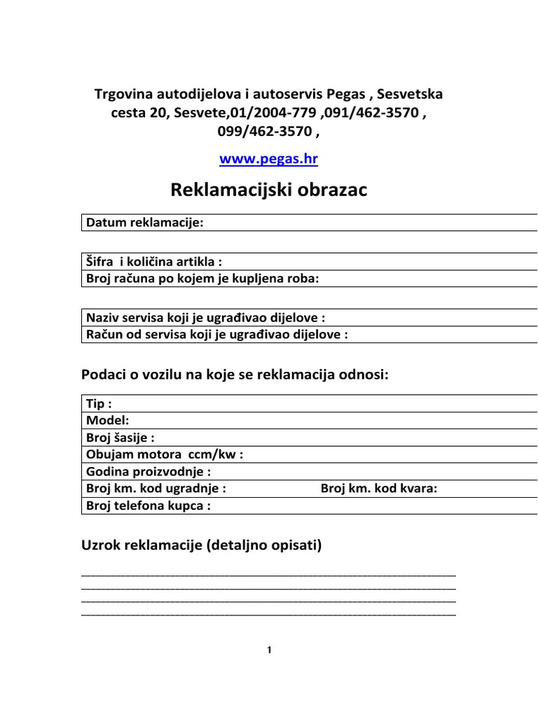 Reklamacijski Obrazac-1 | PDF