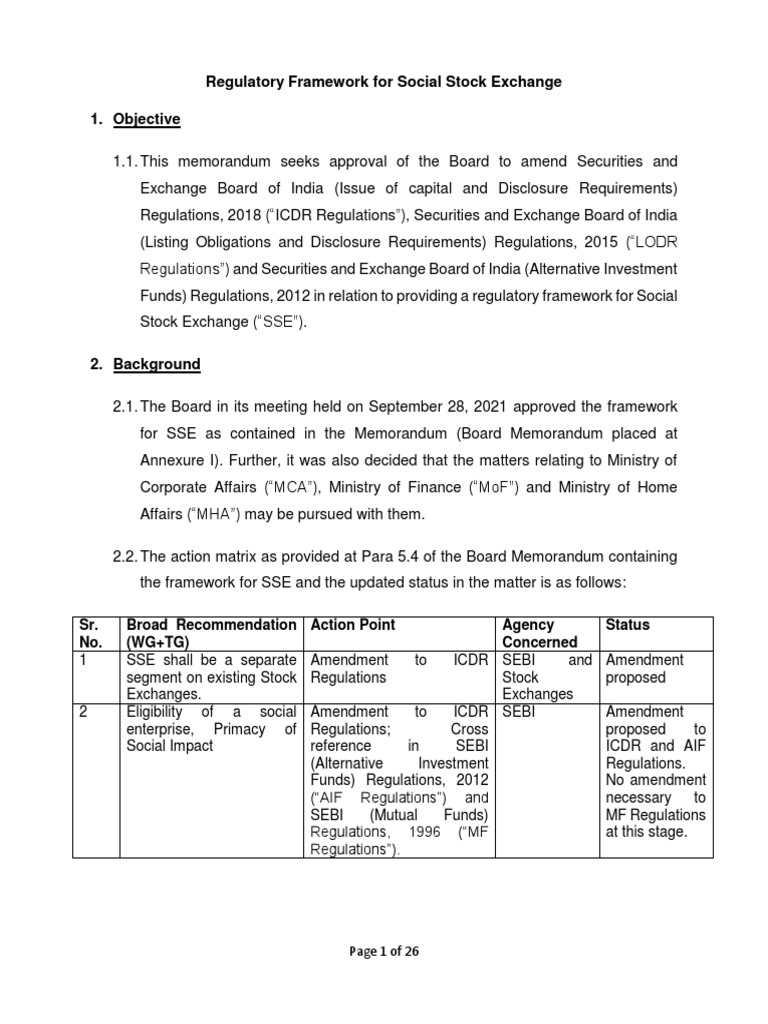 Regulatory Framework For Social Stock Exchange 1. Objective | PDF ...