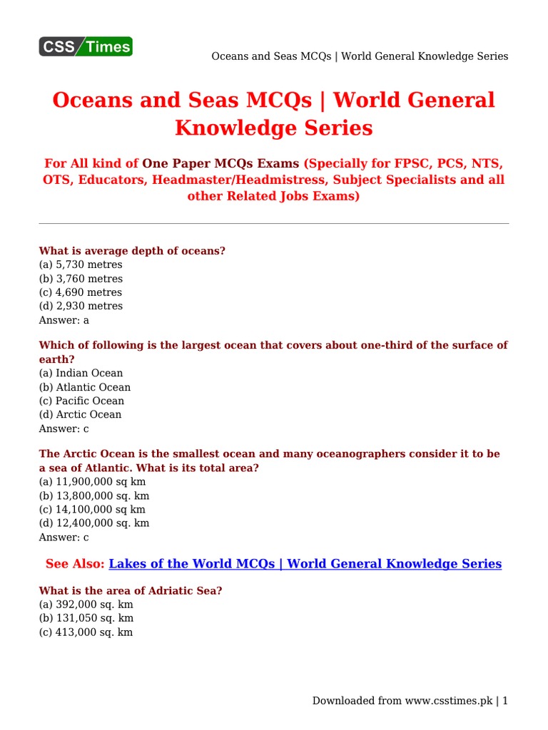 Oceans and Seas MCQs for General Knowledge | PDF | Persian Gulf ...