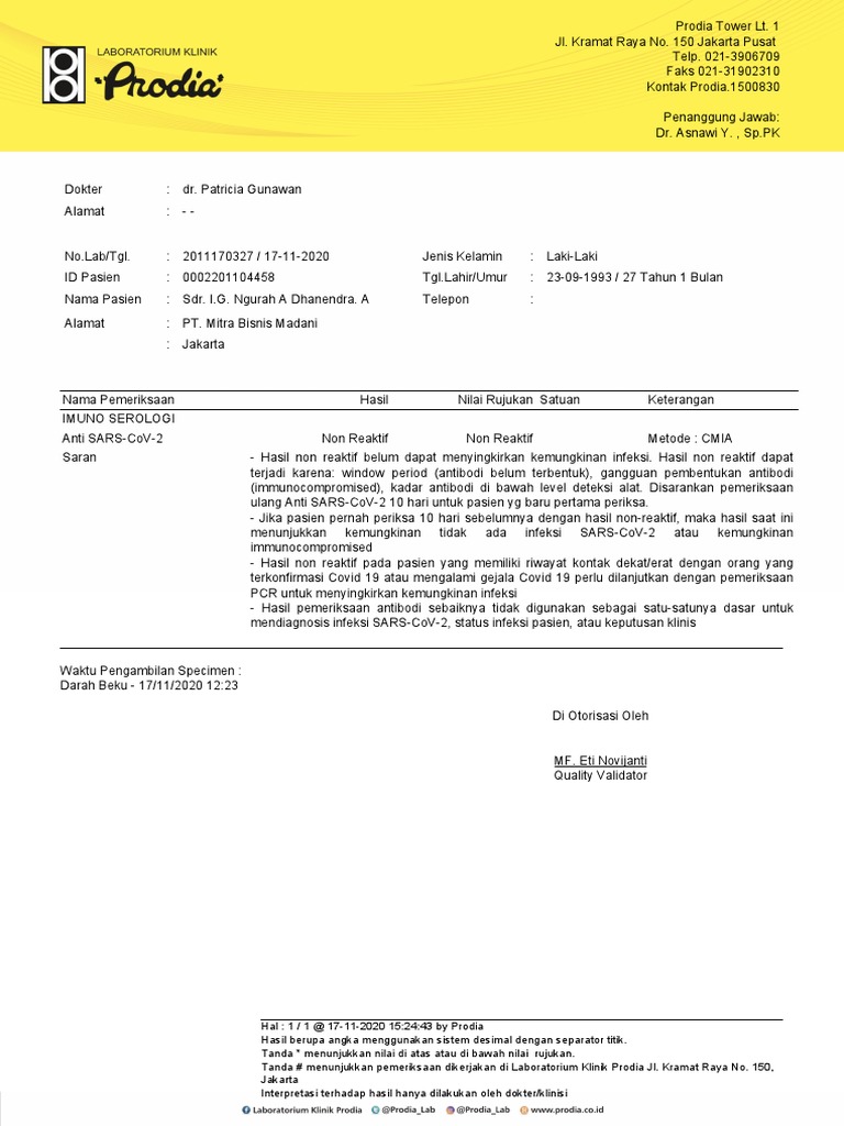 Hasil Tes Antibodi SARS-CoV-2 Prodia | PDF