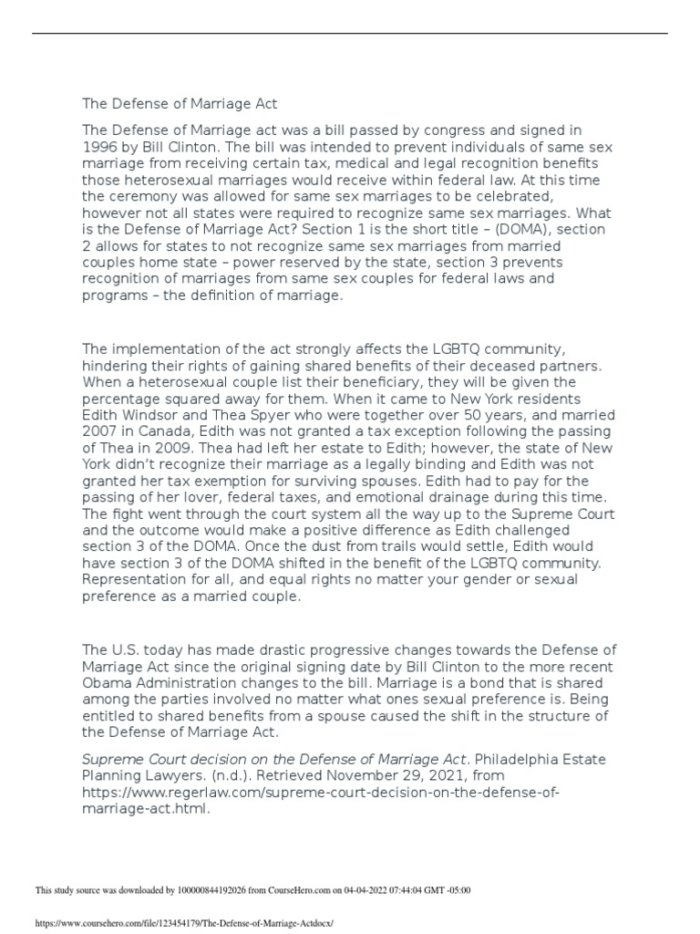 The Defense of Marriage Act | PDF | Defense Of Marriage Act | Marriage
