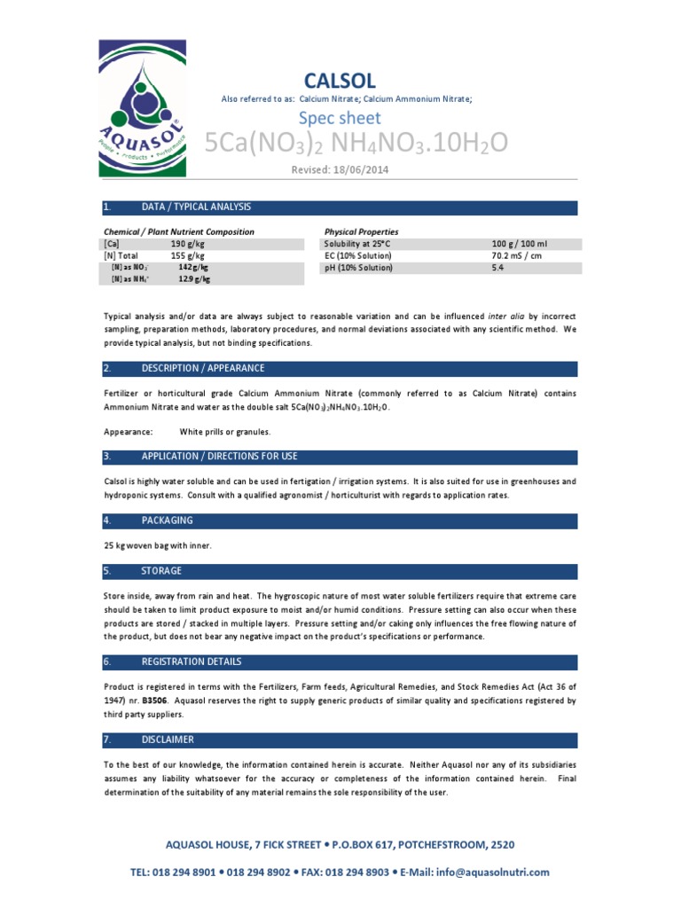 5ca (NO) NH NO .10H O: Calsol | PDF | Fertilizer | Chemistry