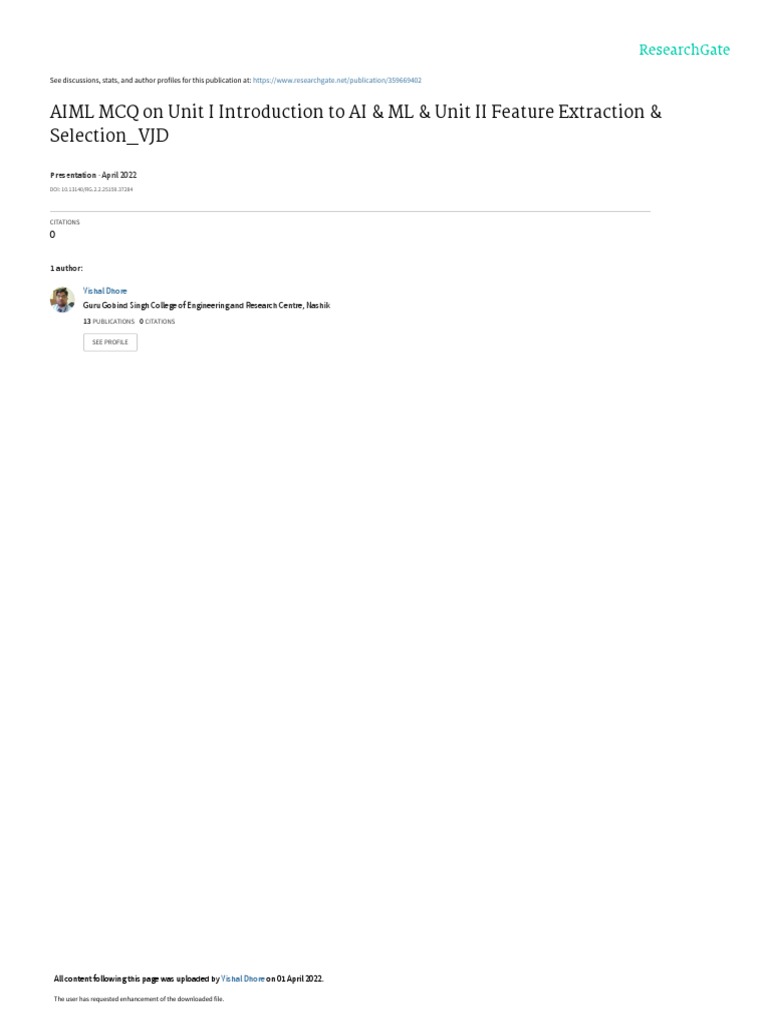 AIML MCQ On Unit I Introduction To AI & ML & Unit II Feature Extraction & Selection - VJD | PDF ...