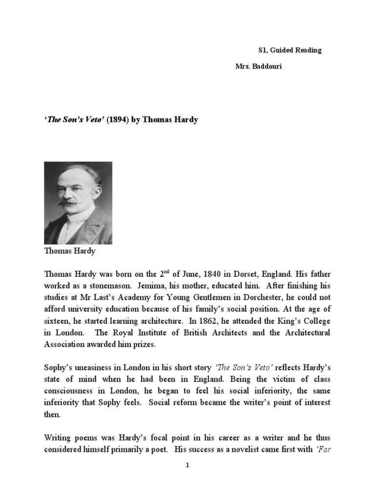 Analysis of Thomas Hardys The Sons Veto | PDF | Thomas Hardy