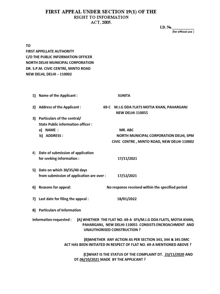 First Appeal Under Section 19 (1) of The: Right To Information ACT ...