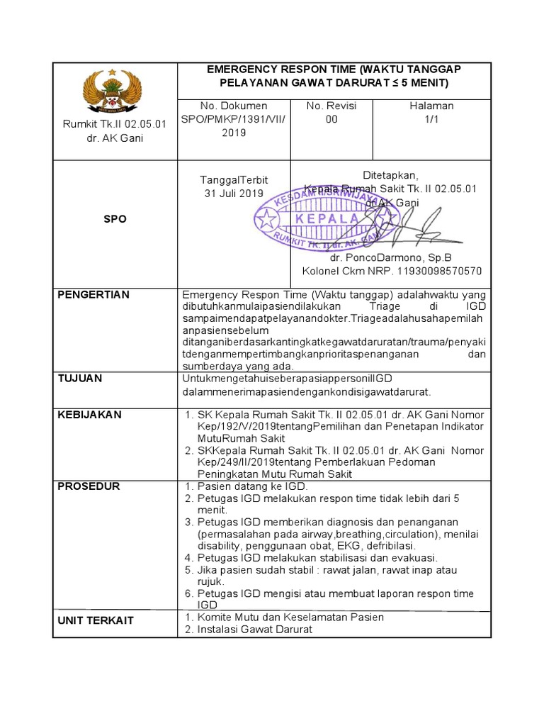 Spo Emergency Respon Time (Waktu Tanggap Pelayanan Gawat Darurat 5 Menit) | PDF
