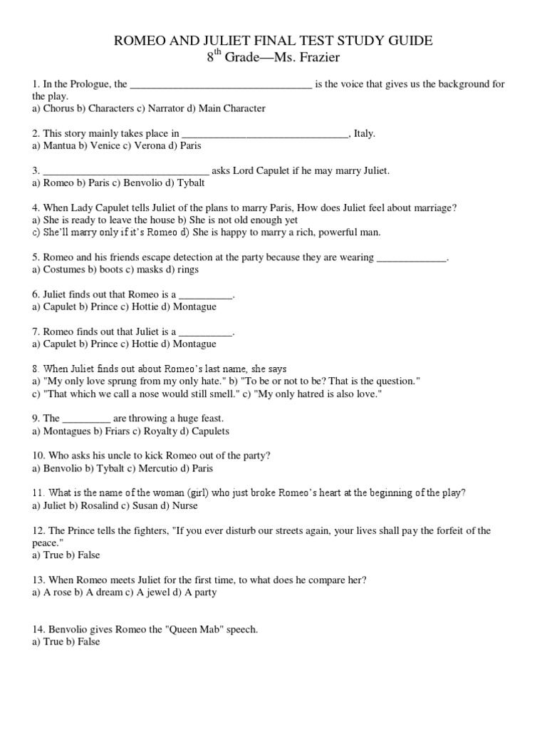 Romeo and Juliet Final Test Study Guide | PDF | Characters In Romeo And ...