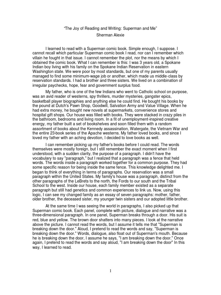 The Joy of Reading and Writing - Superman and Me - Alexie | PDF ...