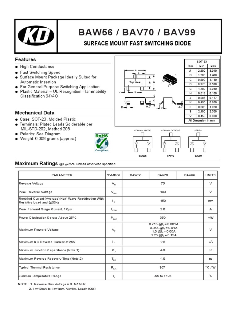 Bav99 Fast Swiching Diode | PDF | Diode | Electrical Engineering
