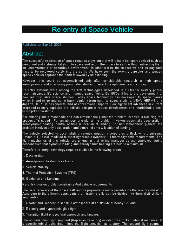 Re-Entry of Space Vehicle: Published On Sep 29, 2021 | PDF ...