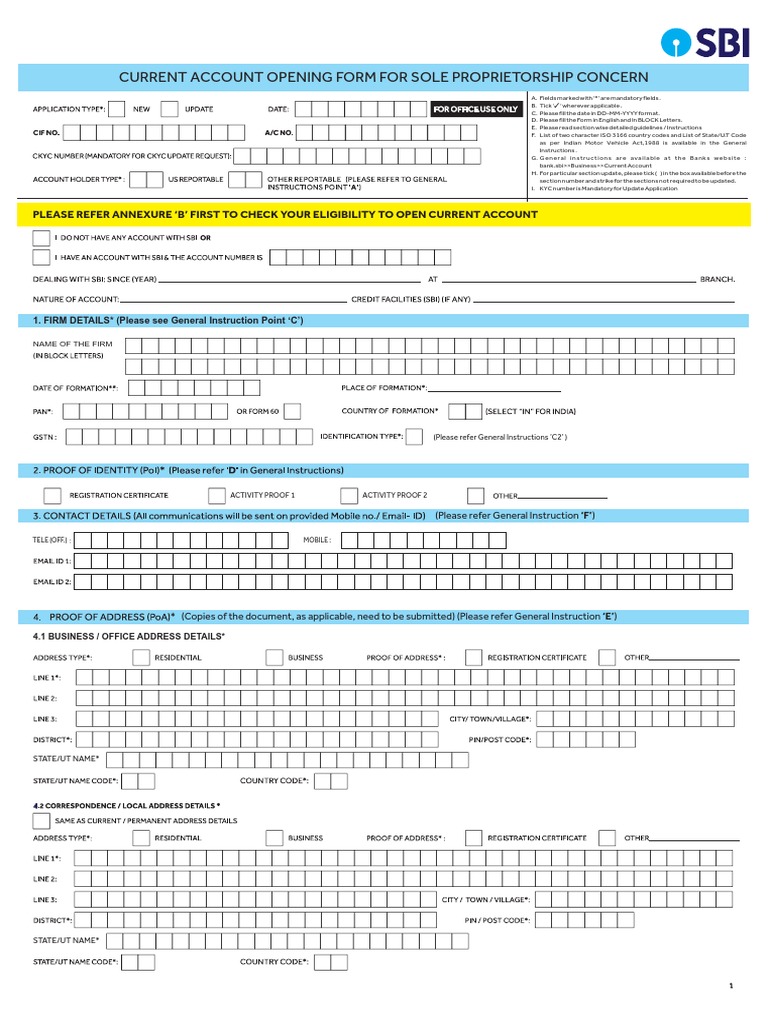 SBI Current Account Form | PDF | Cheque | Banks