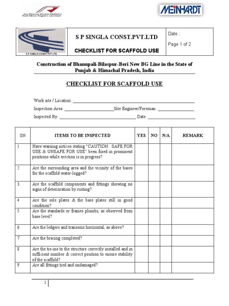 19 Scaffolding Checklist | PDF | Scaffolding | Equipment