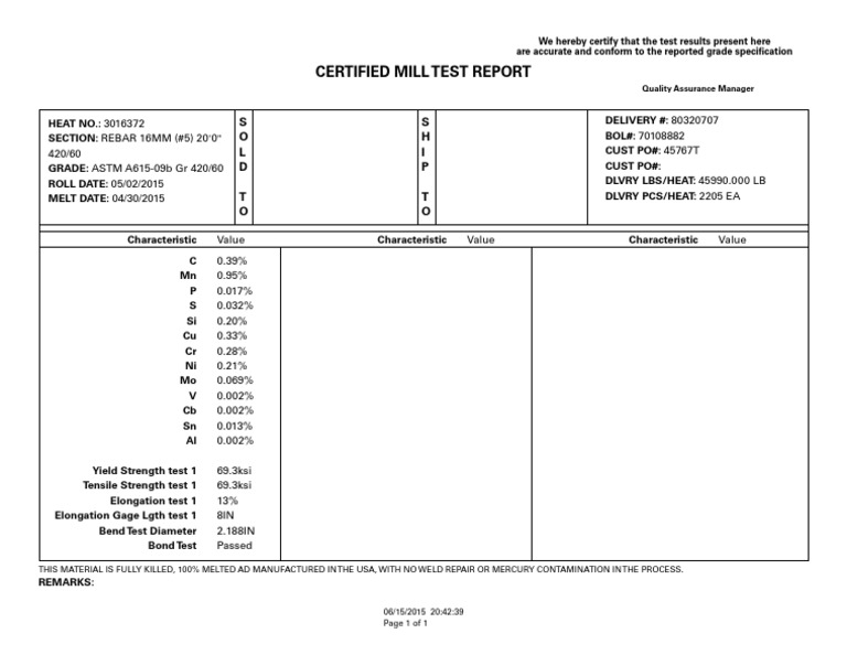 Certified Mill Test Report: S O L D T O S H I P T O | PDF | Materials ...