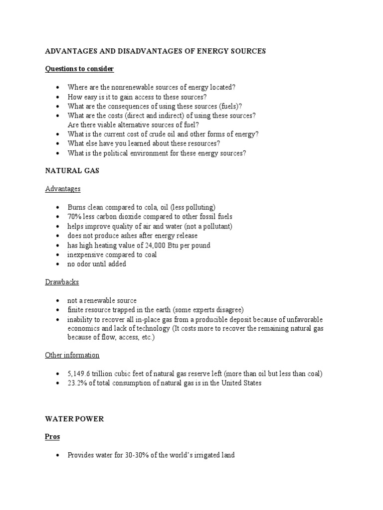 Advantages And Disadvantages Of Energy Sources Pdf Petroleum