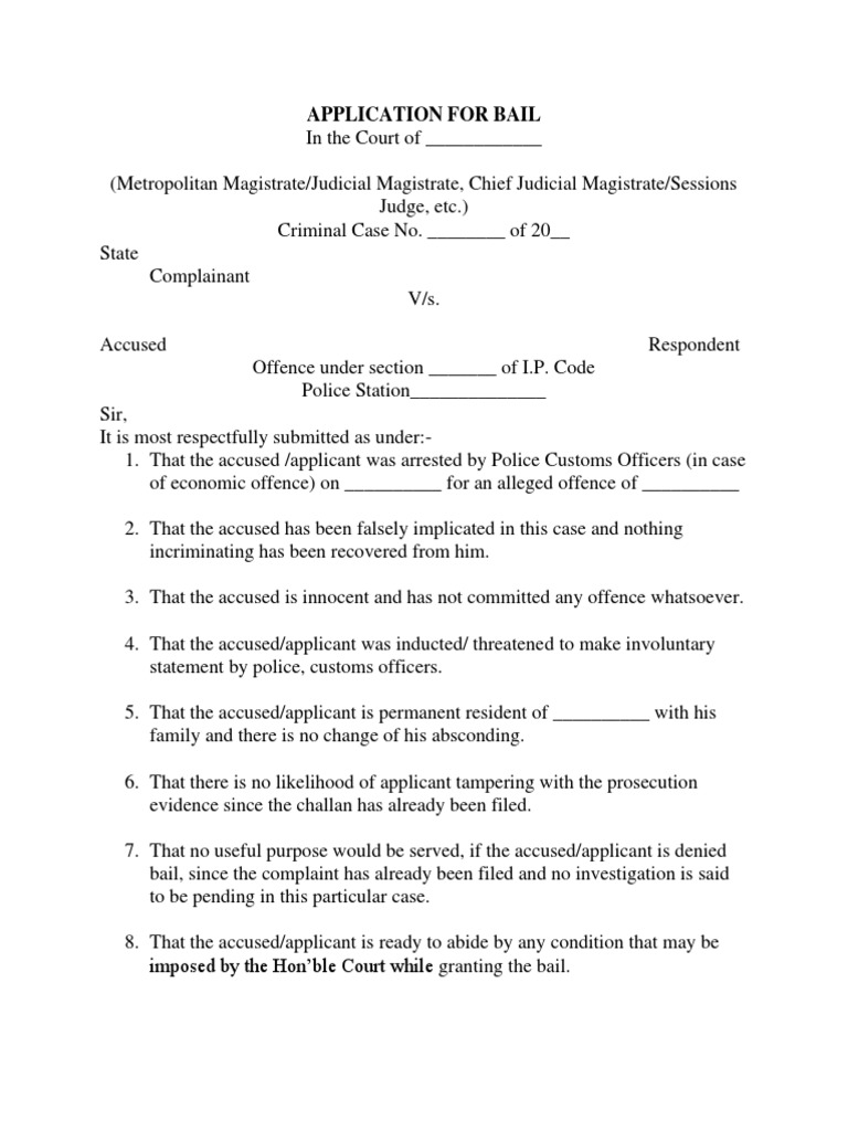 Bail Application Template | PDF | Bail | Law Enforcement