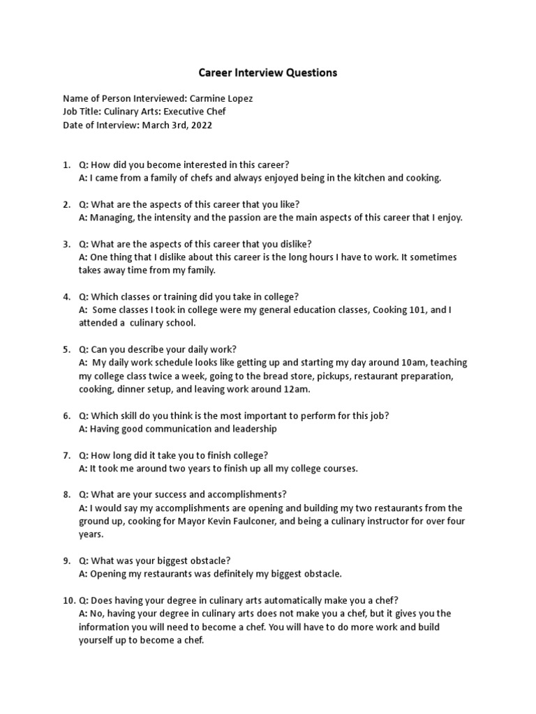 BJ - Lesson 3 - Career Interview Reflection 1 | PDF | Chef | Culinary Arts