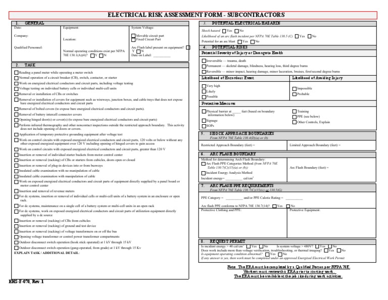 Electrical Risk Assessment Form - Subcontractors: EHS-F-070, Rev. 1 ...
