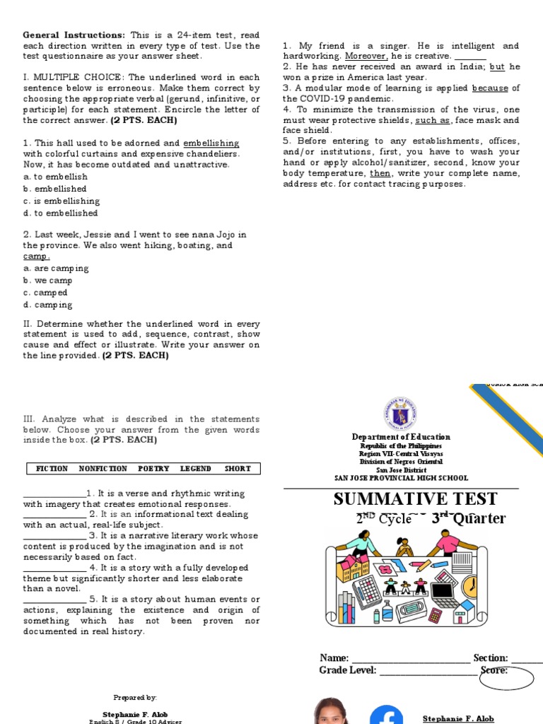 Grade 8 Summative Test 3RD Quarter (2ND Cycle) | PDF