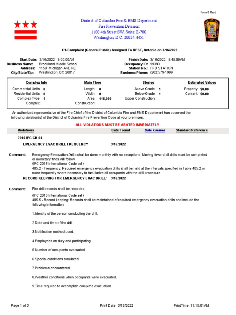 DC School Fire Drill Citations | PDF | Fine (Penalty) | Fire Safety