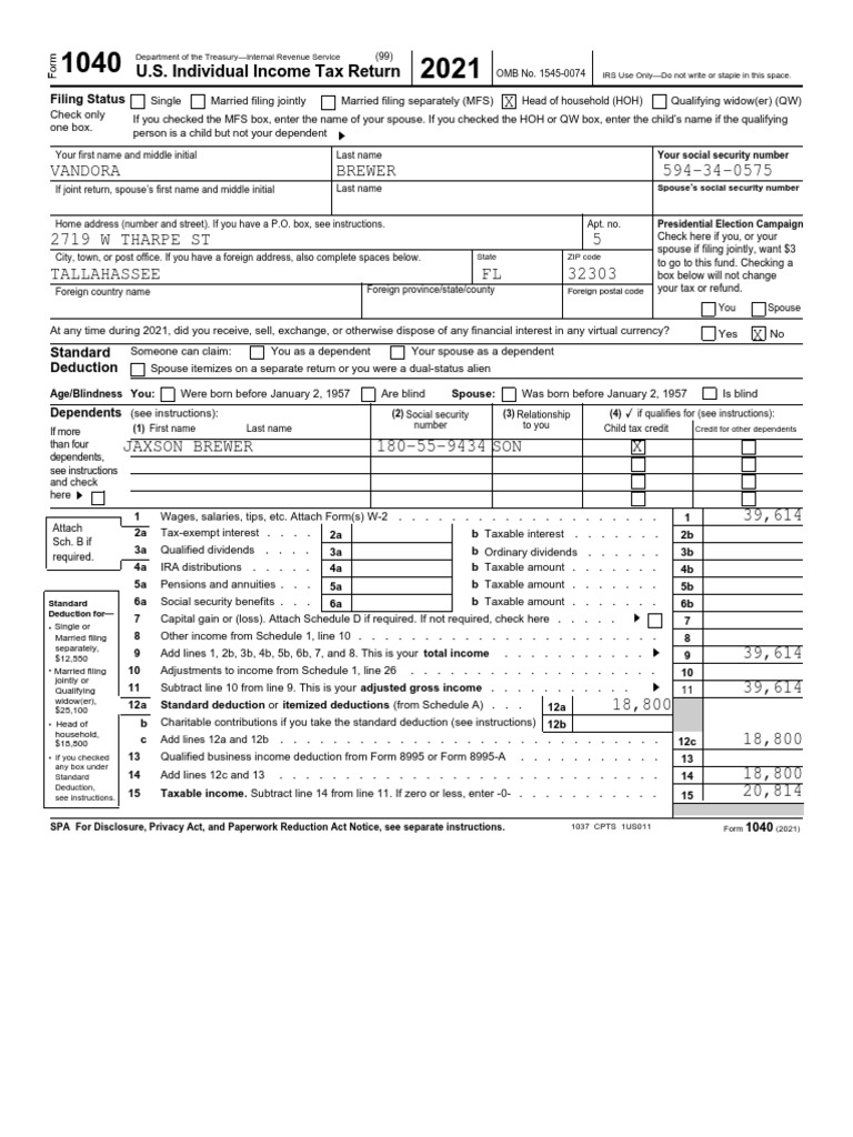 U.S. Individual Income Tax Return: Standard Deduction | PDF | Earned ...